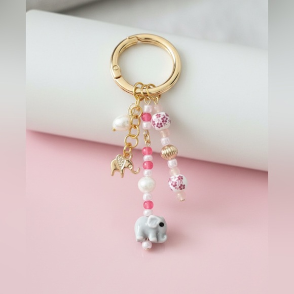 Handmade | Accessories | Ella Rose Pink Gold Elephant Beaded Bag Charm ...